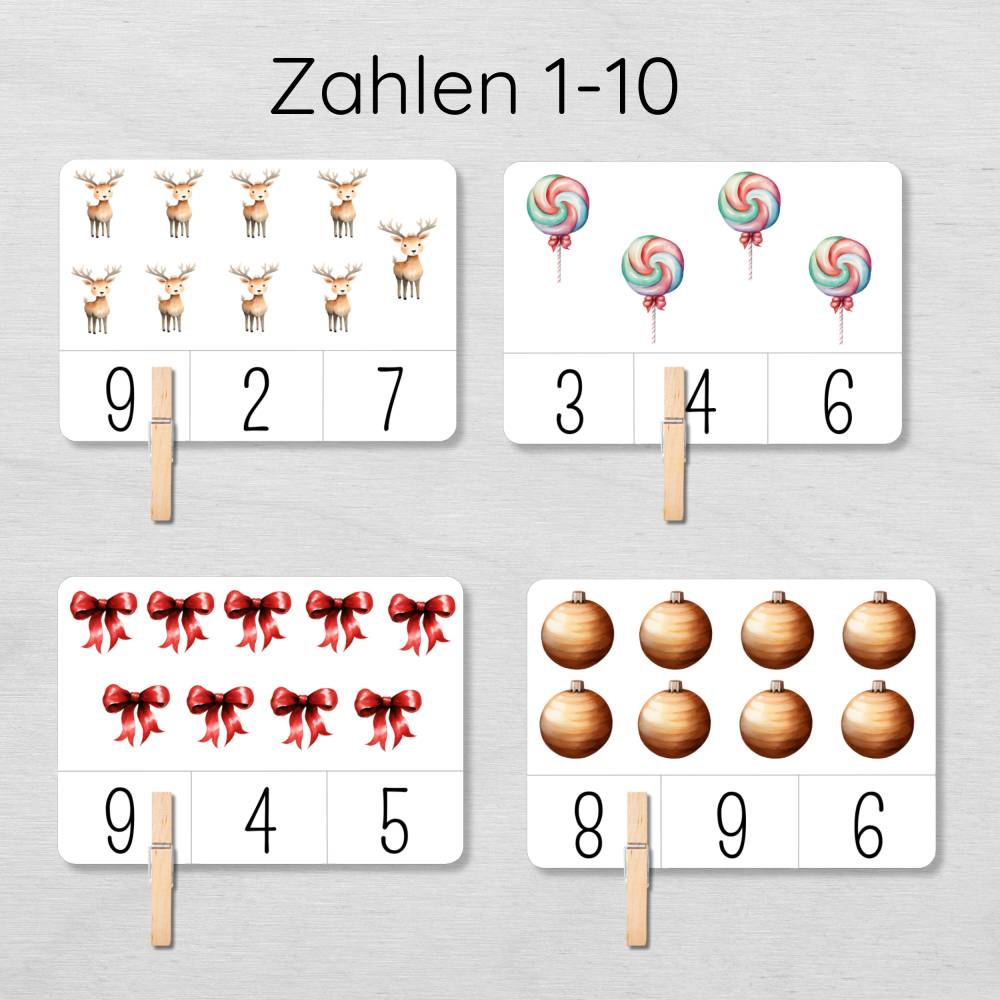 Weihnachten Klammerkarten zum Zahlen lernen von 1 bis 10 für Kinder zum ...