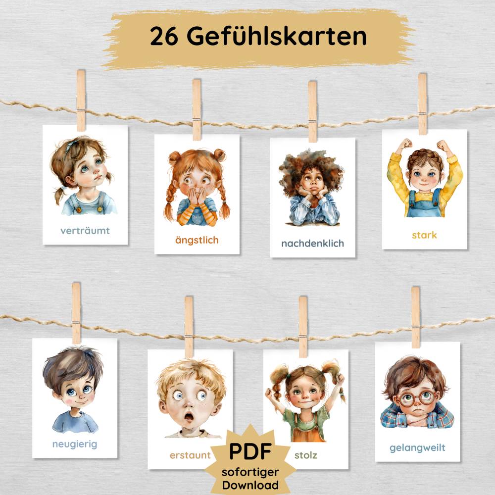 26 Gefühlskarten für Kinder zum Ausdrucken, Bildkarten zum Emotionen lernen