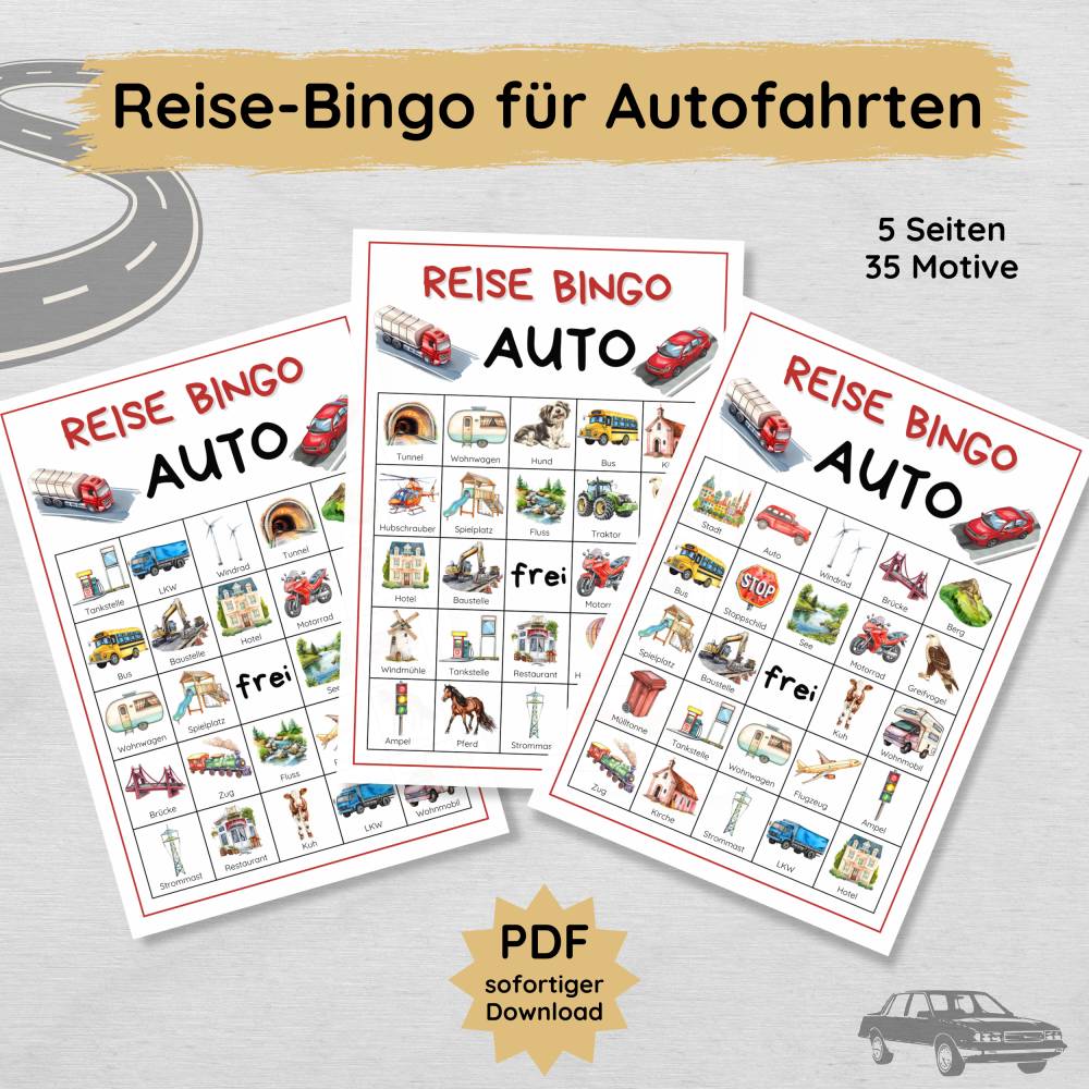 Auto Reise Bingo für Kinder zum Ausdrucken, ideale Beschäftigung für ...