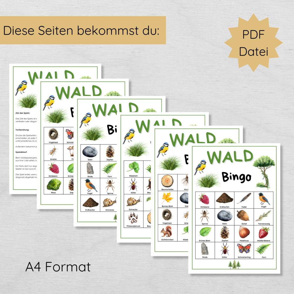Wald Bingo für Kinder zum Ausdrucken, Waldbingo Druckvorlage