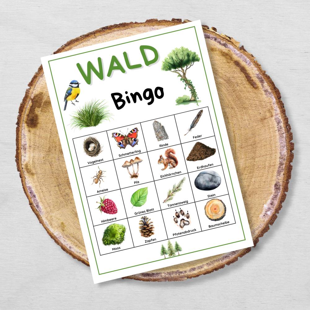 Wald Bingo für Kinder zum Ausdrucken, Waldbingo Druckvorlage