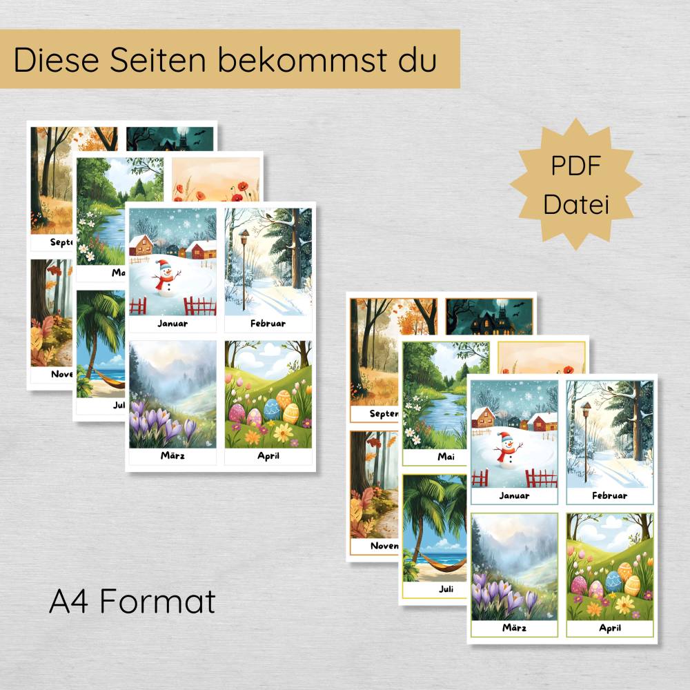 Monate des Jahres Lernkarten für Kinder zum Ausdrucken, Monatskarten ...