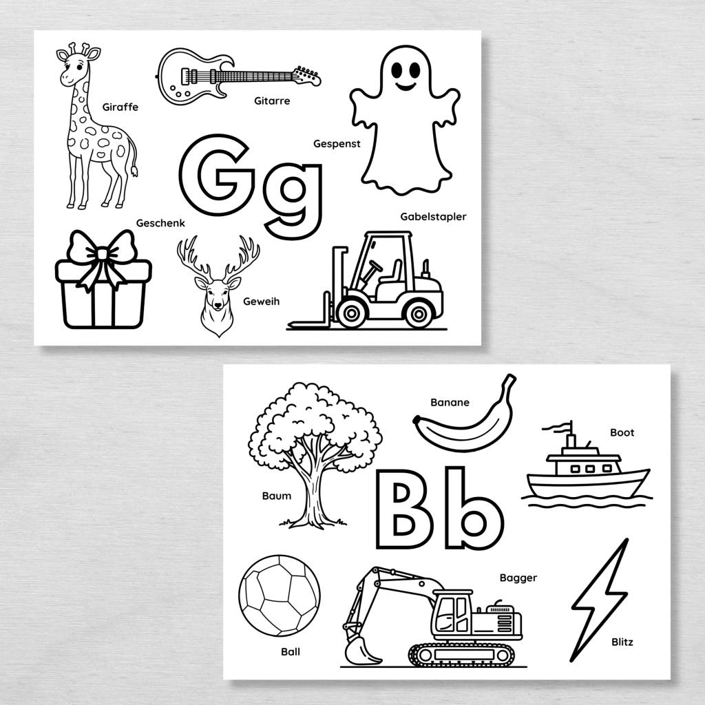 ABC Malvorlagen für Kinder – Alphabet Ausmalbilder als PDF zum Ausdrucken