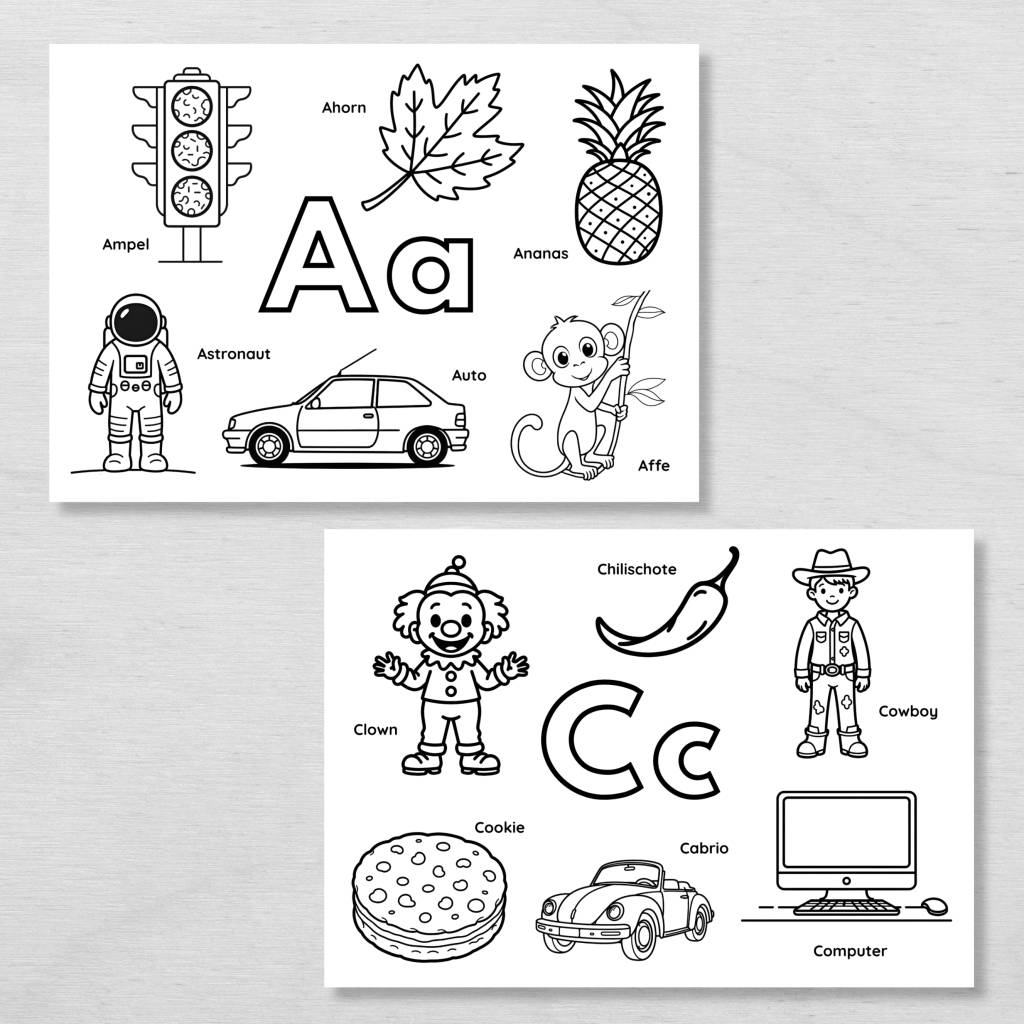ABC Malvorlagen für Kinder – Alphabet Ausmalbilder als PDF zum Ausdrucken