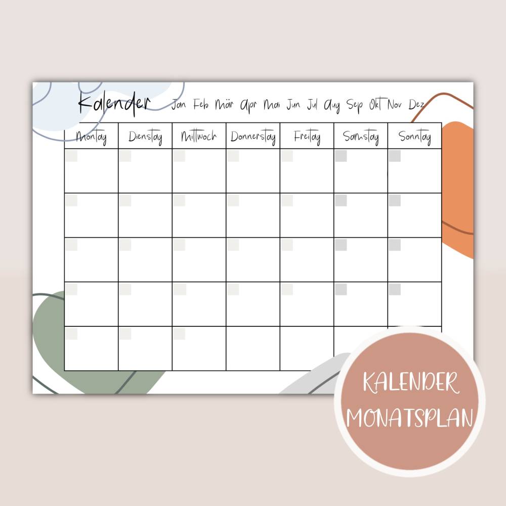 Kalender Monatsansicht, Monatsplaner zum Ausdrucken
