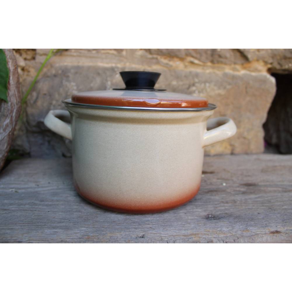 Emailletopf Kochtopf unbenutzt beige - braun Küche Vintage 80er Jahre DDR